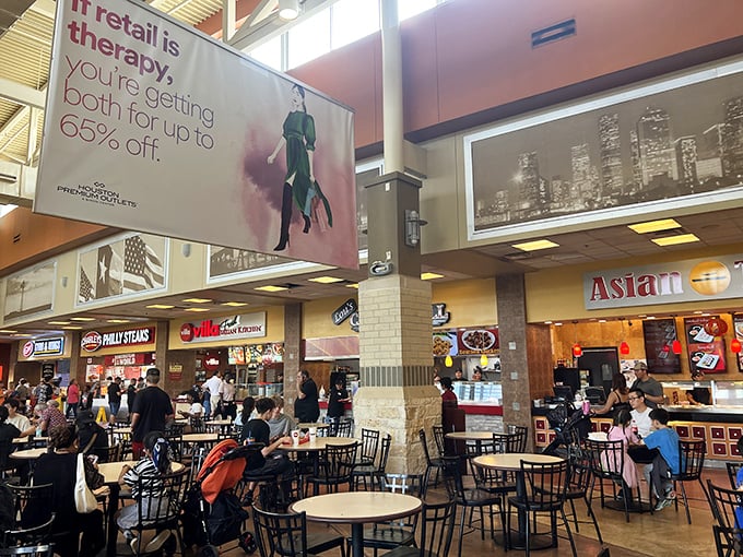 The food court – where shopping warriors refuel and debate their next retail conquest while surrounded by the intoxicating aroma of soft pretzels.
