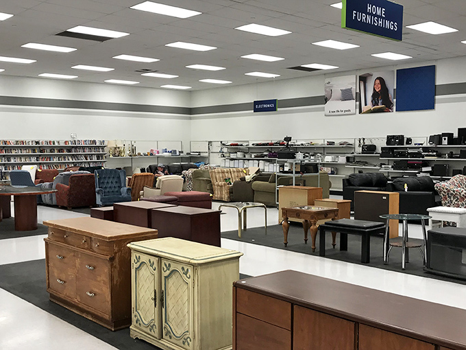 The furniture section resembles a living room time machine, with pieces spanning decades waiting for their second act in your home.