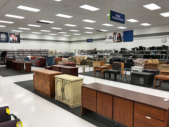 The furniture section resembles a living room museum spanning decades of design choices—some questionable, all affordable.