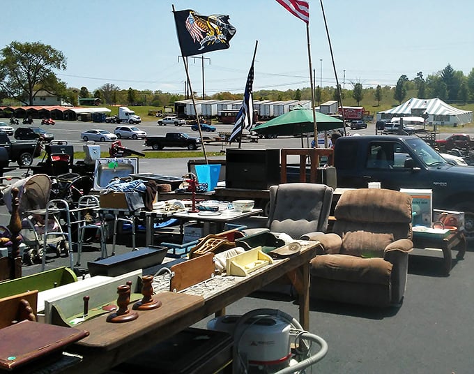 The outdoor furniture section—where recliners and coffee tables enjoy their final moments of fresh air before finding forever homes.
