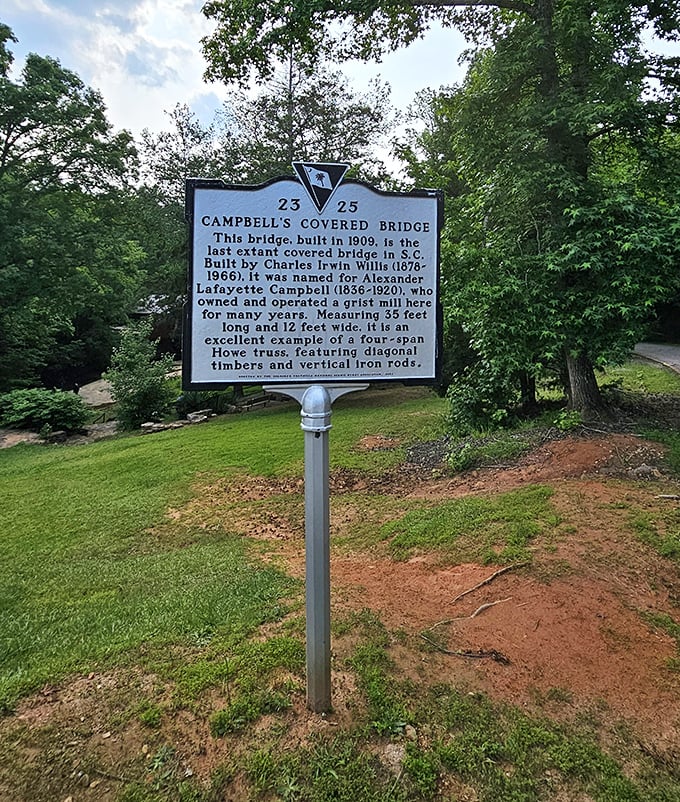 More than just a pretty structure – this historical marker reveals the fascinating story behind South Carolina's last remaining covered bridge.