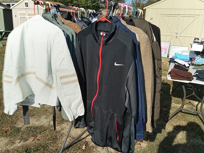 The jacket rack – where vintage Nike meets classic tweed, and both are just waiting for their second act in someone's wardrobe rotation.