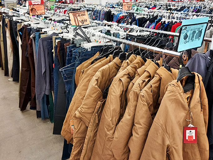 The jacket and jeans section could outfit a small nation. Levi's for less than a fancy coffee—now that's the American dream.