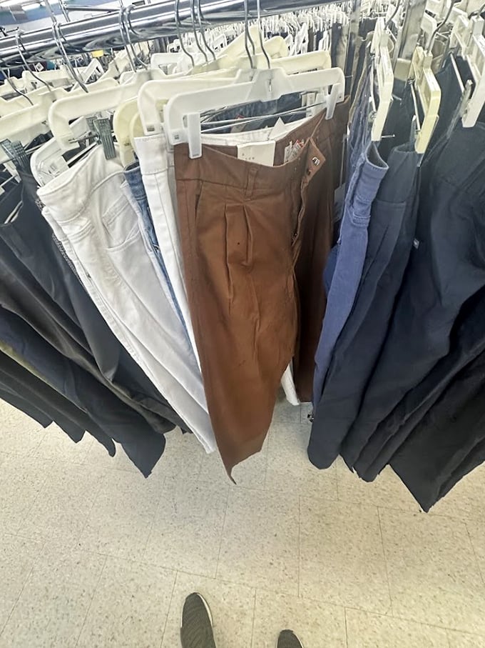 The pants department: where your next pair of perfectly broken-in jeans awaits. No need to suffer through that stiff denim phase—someone else already did it for you.