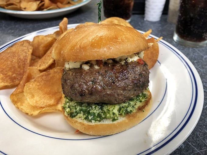 This isn't just a burger—it's a statement. The pesto base adds an unexpected twist that somehow feels like it was always meant to be there.