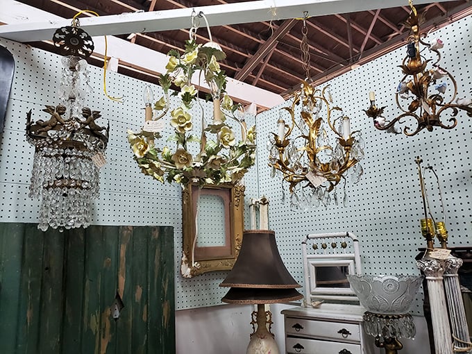 Chandeliers that once illuminated grand dining rooms now hang in patient formation. These crystal and floral beauties are ready for their second act in a new home.
