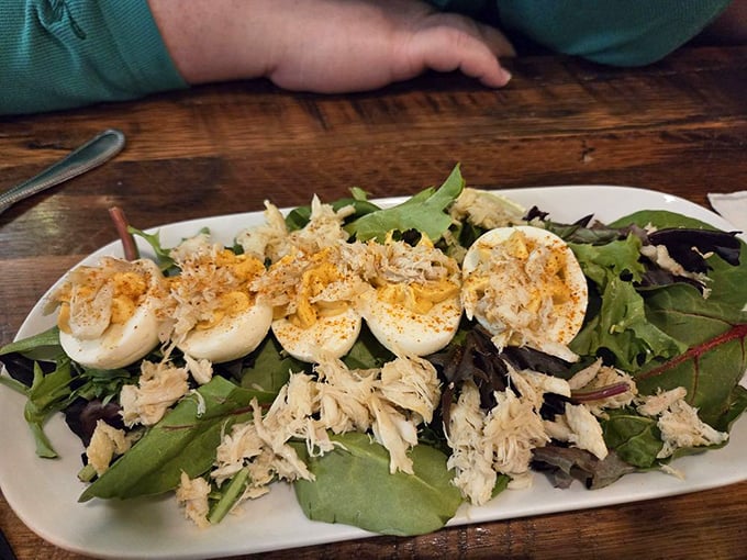 Deviled eggs get the Maryland treatment with lump crab meat. It's like the German-Chesapeake romance nobody knew they needed in their lives.