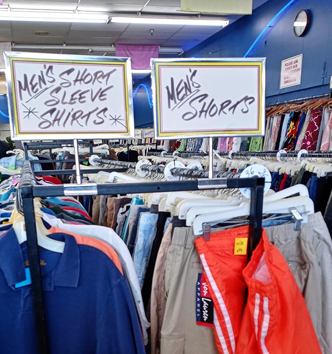 Men's shorts and shirts await their next adventure – proof that style doesn't need a hefty price tag, just a good eye.