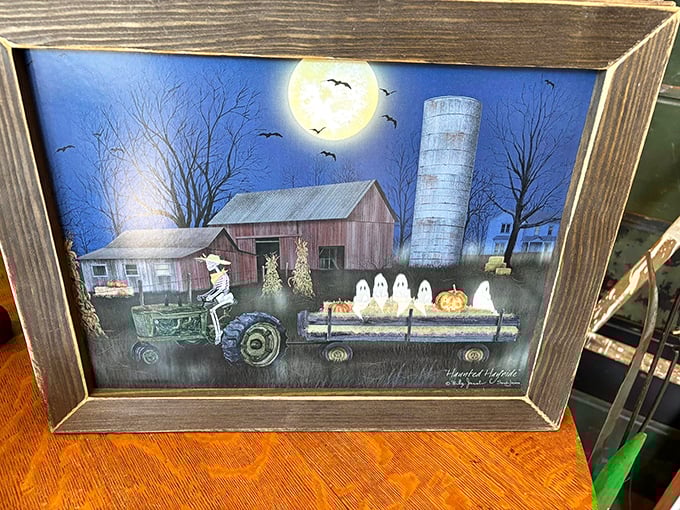 This haunting Halloween farm scene captures Amish Country's pastoral beauty with a playful spooky twist – ghosts and pumpkins included, no electricity required.