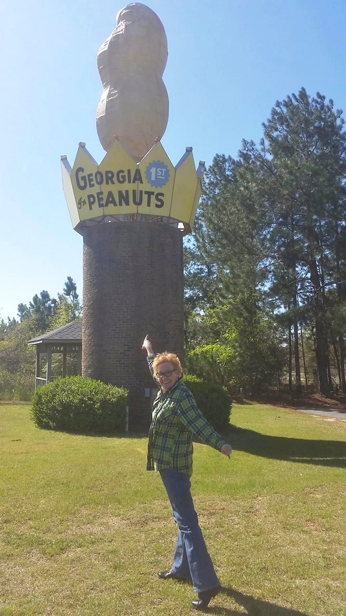 The textured shell and golden crown gleam in the sunlight. Georgia's agricultural ambassador stands ready for its close-up against cotton-candy clouds.