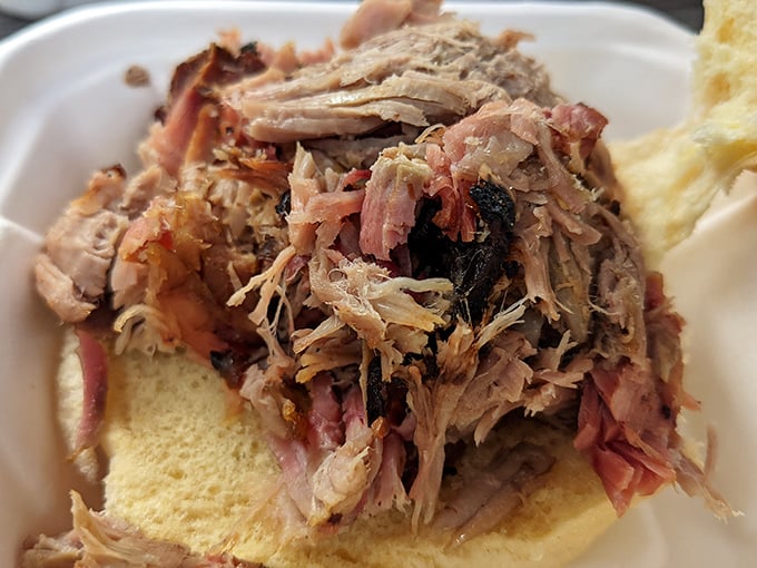 Tender pulled pork piled high on soft white bread – simplicity elevated to an art form that requires napkins by the dozen.
