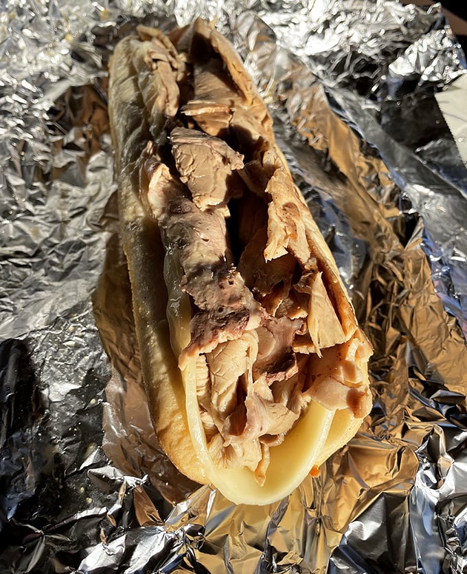 A roast beef sandwich wrapped in foil like a present – because sometimes the best gifts come on fresh-baked rolls.