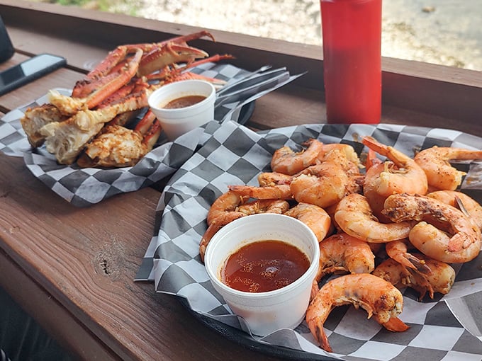 The seafood spread that launches a thousand road trips—crab legs and peel-and-eat shrimp presented without pretense but with plenty of flavor.