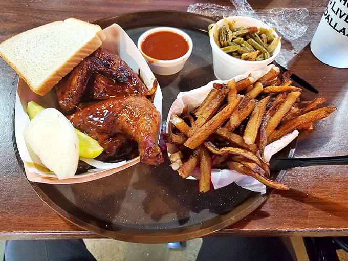 Smoked chicken that's had a proper Texas education, served with green beans that weren't rushed and fries that demand respect.
