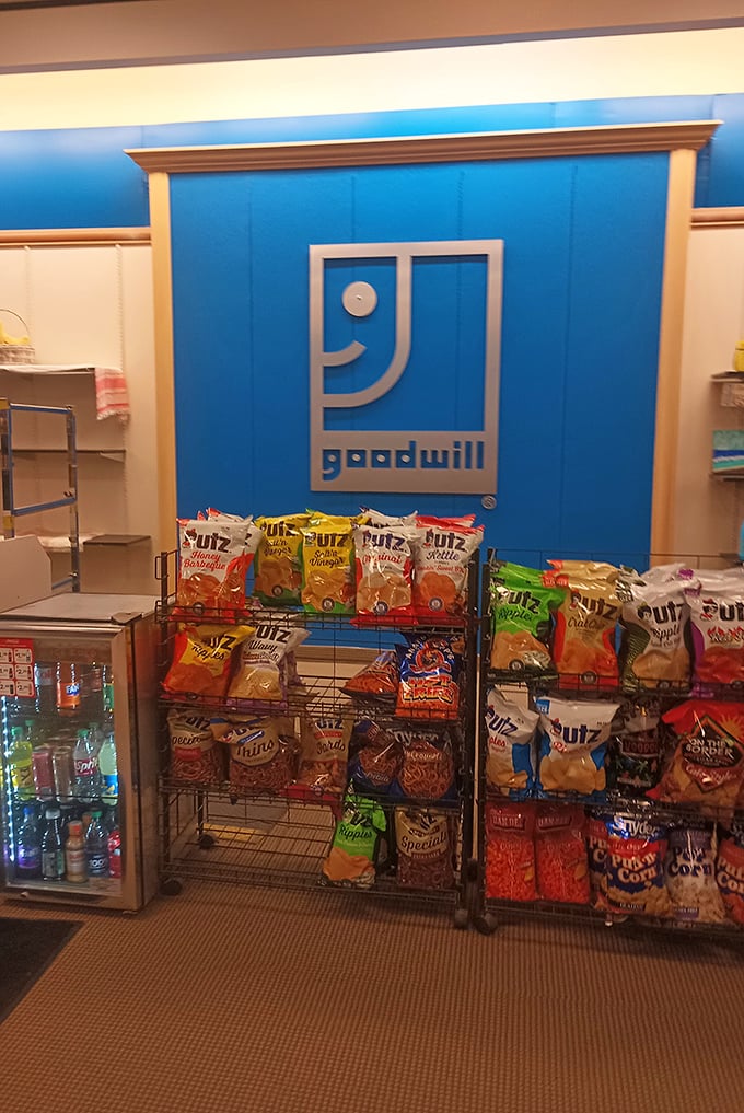 Snack attack central! Even thrift stores know shopping works up an appetite. These chips are the fuel for serious treasure hunting expeditions.