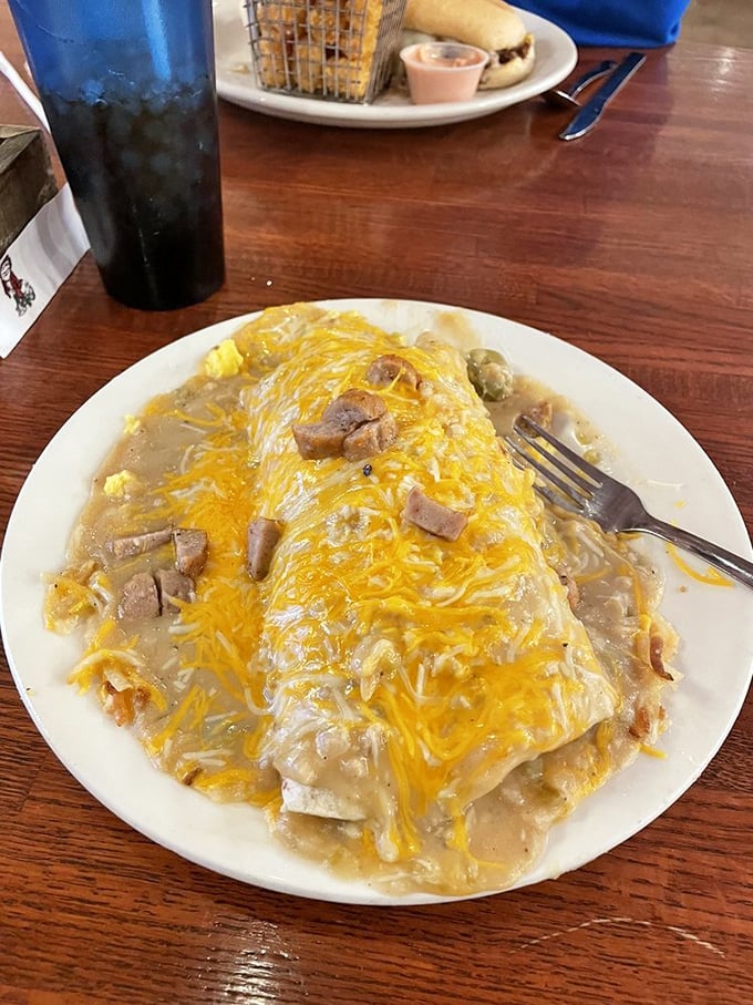 Behold the smothered burrito—where cheese and gravy unite in a glorious pact to ensure no fork returns to the table clean.