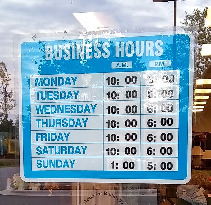 These business hours are the secret code to bargain paradise – memorize them like the combination to a vault filled with secondhand gold.