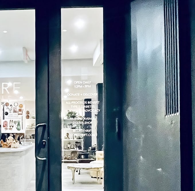 A peek through the doorway reveals Cure's mission statement—shopping here isn't just retail therapy, it's supporting diabetes research.