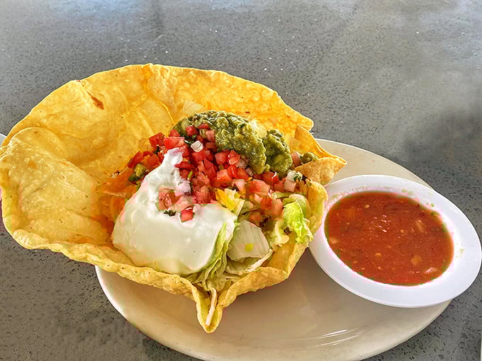 A taco salad bowl so fresh and vibrant it makes you momentarily forget you came for pancakes—California's sunny disposition in edible form.