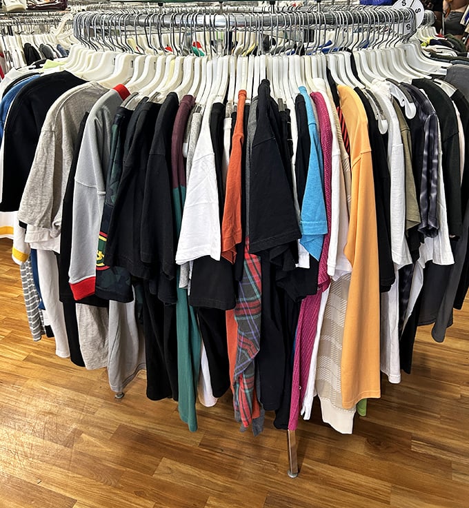 The men's section proves secondhand isn't just for the ladies—a rainbow of options for guys who know style doesn't require a first-owner premium.