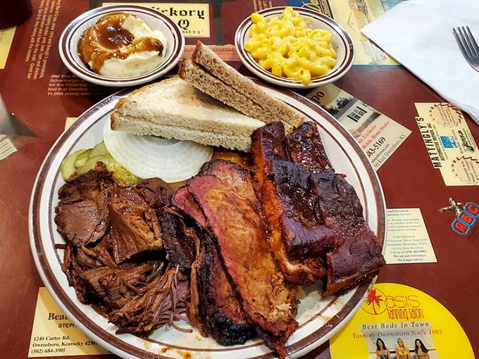 The barbecue sampler plate – where decisions are unnecessary and joy is inevitable. That bark on the brisket is practically singing a bluegrass tune.