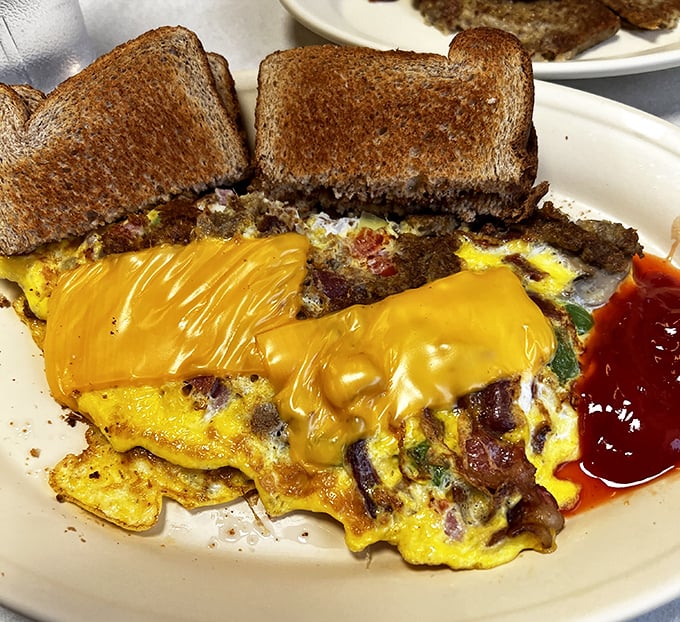 This Western omelet with melted cheese and toast isn't just breakfast—it's edible therapy. The kind that makes Monday mornings bearable. 
