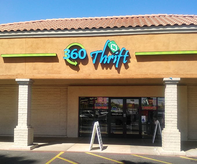 360 Thrift's inviting exterior promises a well-rounded shopping experience for every type of treasure hunter.