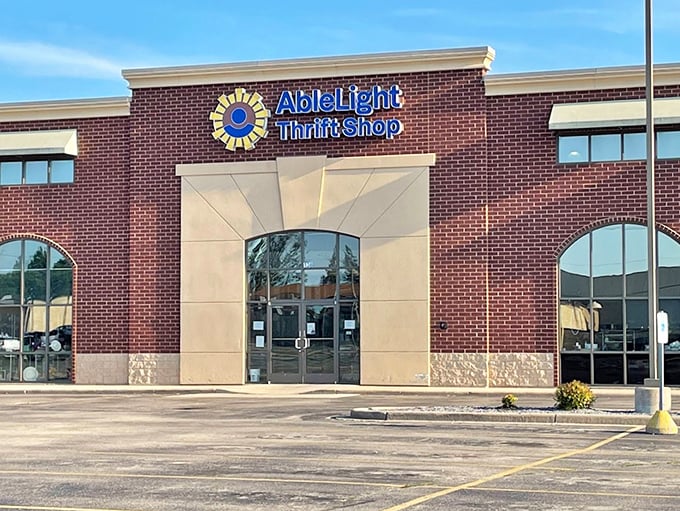 AbleLight's sunny brick exterior and cheerful signage create an instantly welcoming thrift shopping atmosphere.