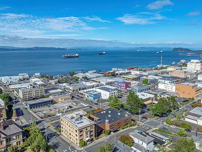 Downtown Astoria from above – Victorian buildings and waterfront views that have starred in more movies than most actors.