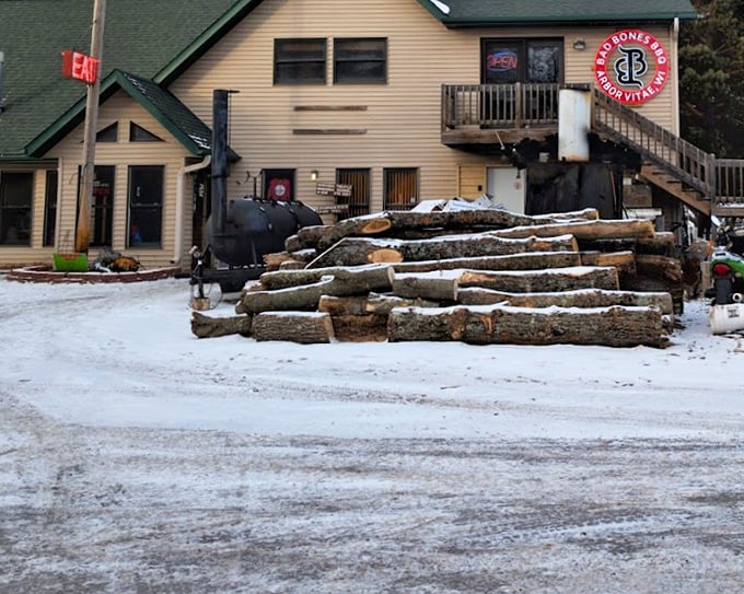 Bad Bones BBQ embraces winter with woodpiles at the ready – because great barbecue waits for no season in the Northwoods.