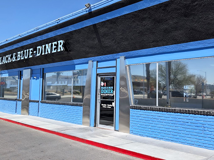 That bright blue exterior stands out like a beacon for anyone craving honest comfort food classics.