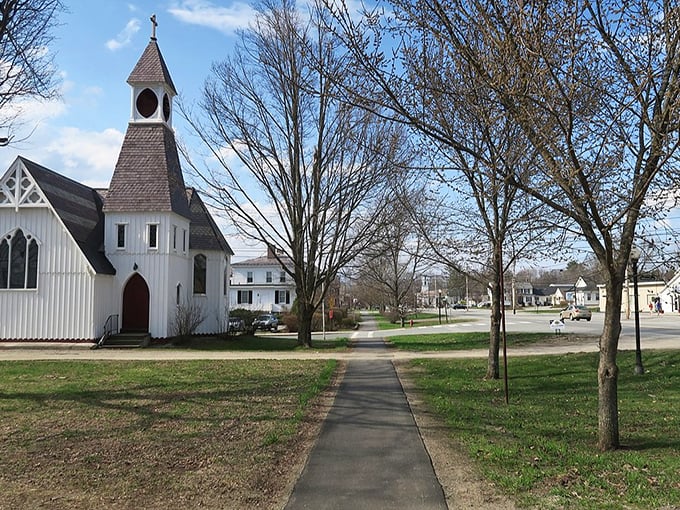 Charlestown's quaint church with its distinctive steeple creates a postcard-perfect scene of small-town New Hampshire life.