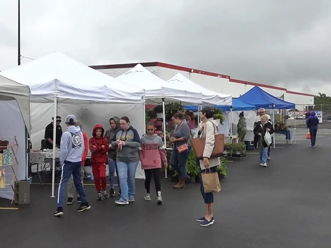 Rain doesn't dampen spirits at this market! Shoppers huddle under white tents, hunting for deals despite the clouds.