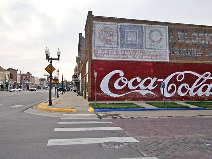 Council Grove’s downtown wears its history proudly—brick walls and faded murals telling stories from the Santa Fe Trail days to small-town Kansas charm.