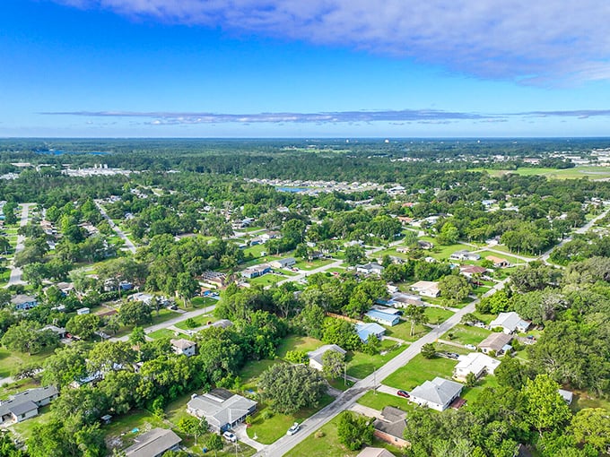 A peaceful aerial view of DeLand, Florida — where charming neighborhoods blend seamlessly with lush greenery and open skies.