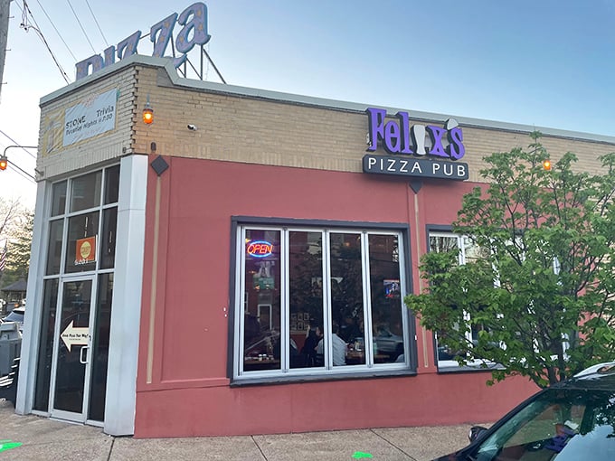 Felix's corner spot pops with personality. That pink and purple signage is like a beacon for pizza lovers wandering through Dogtown.