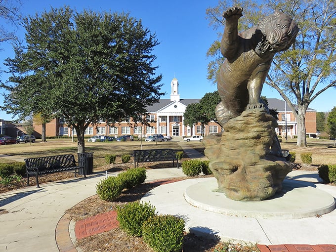 Grambling's tiger statue stands guard at the university – a town where education meets affordability for retirees seeking cultural stimulation.