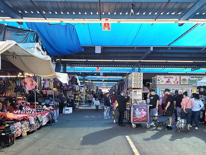 Blue tarp boulevard of dreams! Greyhound's bustling aisle serves up churros and vintage finds—a sensory carnival where the scent of fried dough mingles with the thrill of discovery.