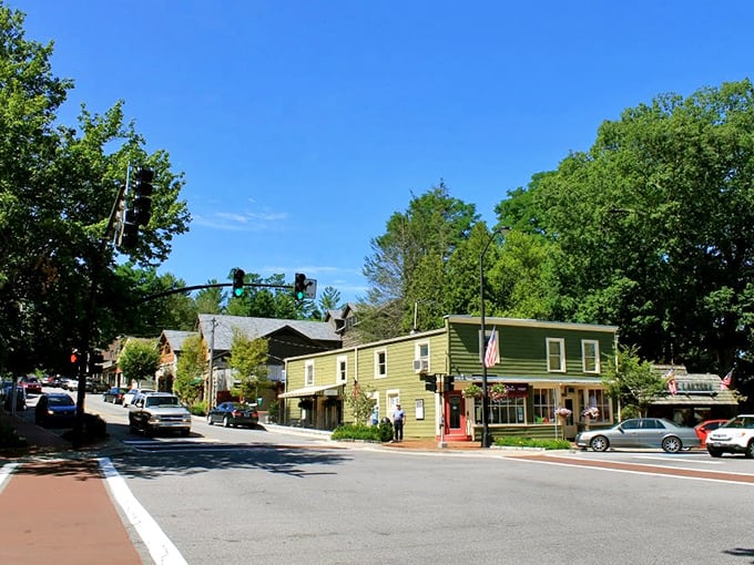 Highlands' charming main street showcases colorful buildings and tree-lined sidewalks, creating the perfect small-town movie backdrop.