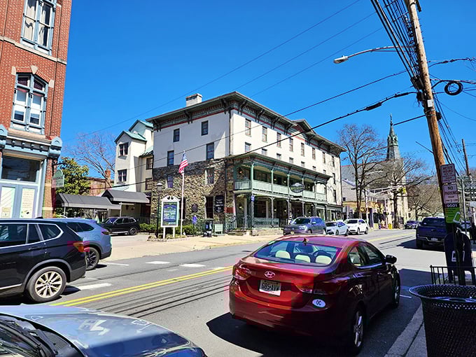 Lambertville's main street stretches toward distant hills, a perfect blend of small-town America and artistic spirit along the Delaware River.