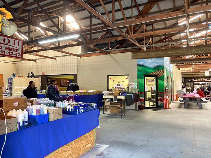 Miller's Flea Market's rustic interior - where fluorescent lighting somehow makes vintage treasures look even more authentic.