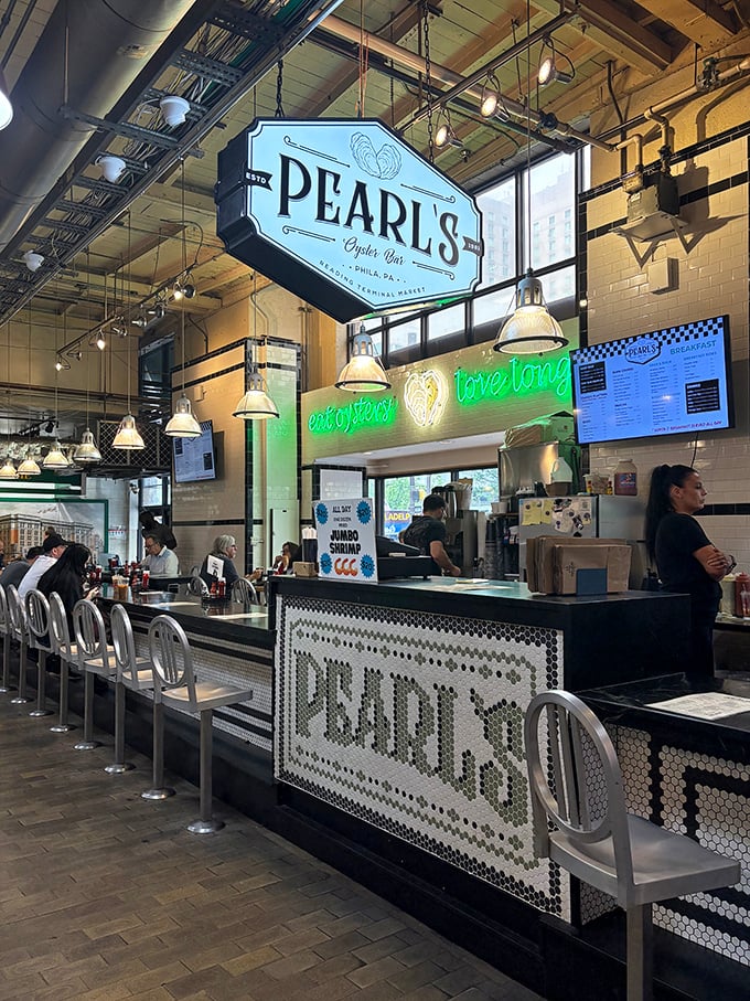 Pearl's Oyster Bar: Gleaming white tile and industrial lighting create the perfect backdrop for oyster magic at this beloved Reading Terminal counter.