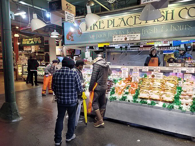 Pike Place Fish Market's legendary theater – where salmon fly and shopping becomes pure entertainment gold.