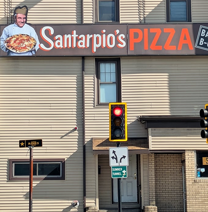 Santarpio's simple sign tells you everything and nothing about the pizza legends being born inside daily.