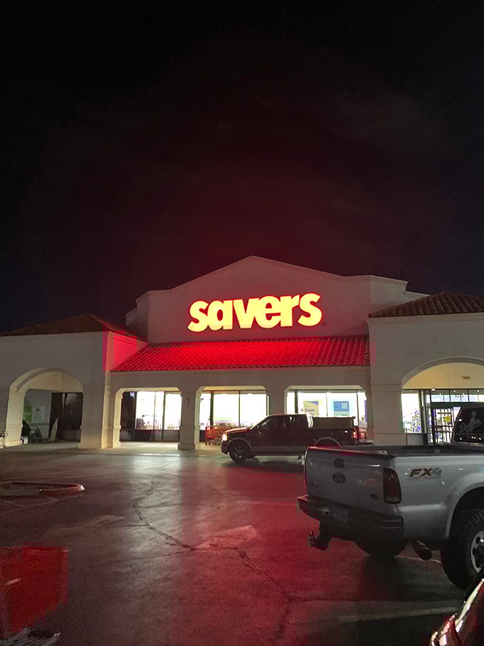 Savers' glowing sign at night is like Vegas itself – promising excitement, adventure, and the thrill of the unexpected find.