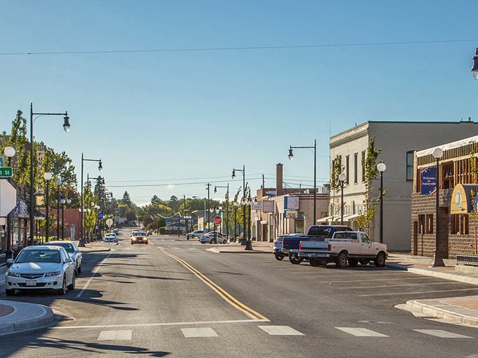 Brick buildings and busy streets show a town that's thriving without the chaos.