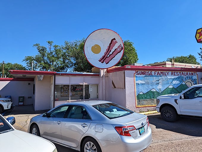 Sunrise Family Restaurant's giant egg and bacon sign cuts right to the chase—no breakfast gimmicks needed here.