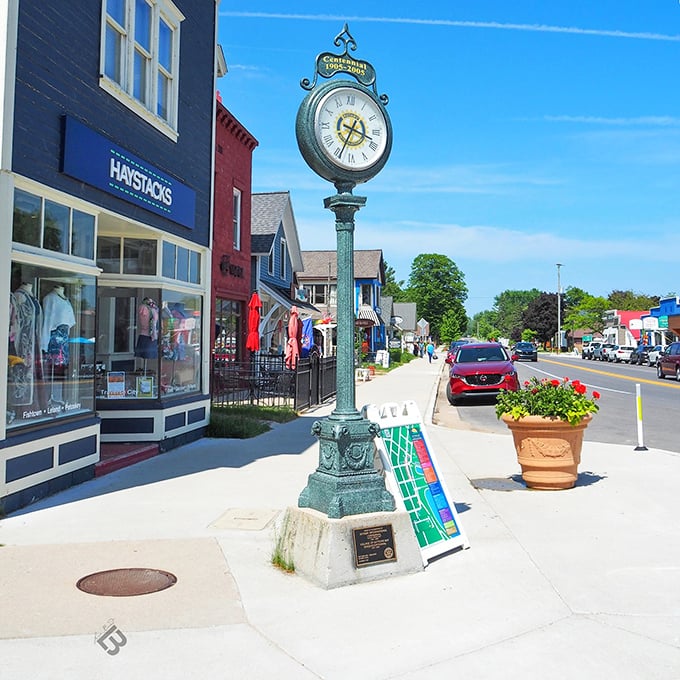 Suttons Bay's waterfront beckons with its classic clock and colorful shops – time literally stands still in this lakeside gem.