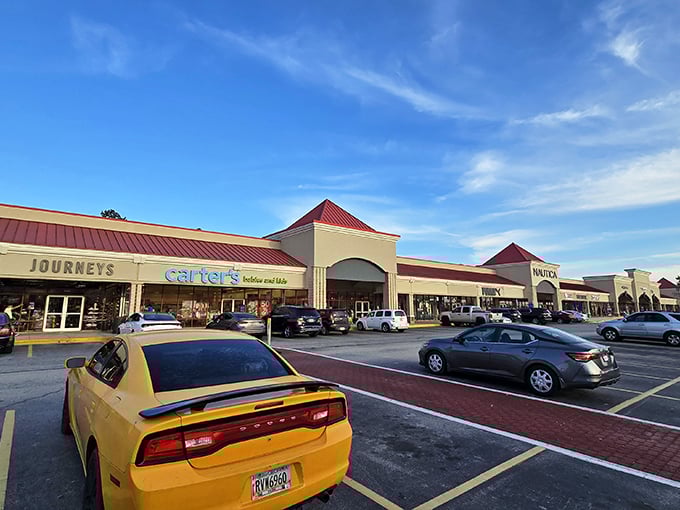Sunshine bathes these storefronts in a warm glow, much like the feeling you'll get finding that perfect item at half the price.