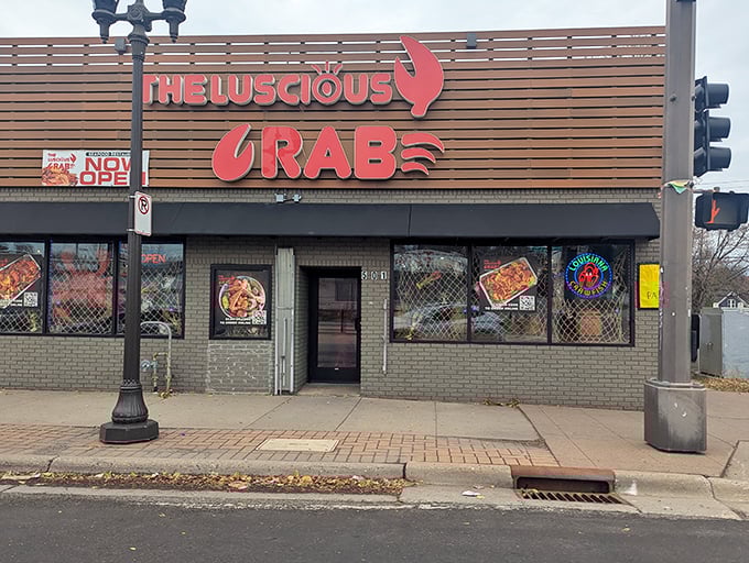 The Luscious Crab's bold sign tells you exactly what you're in for—seafood that doesn't hide behind pretense.